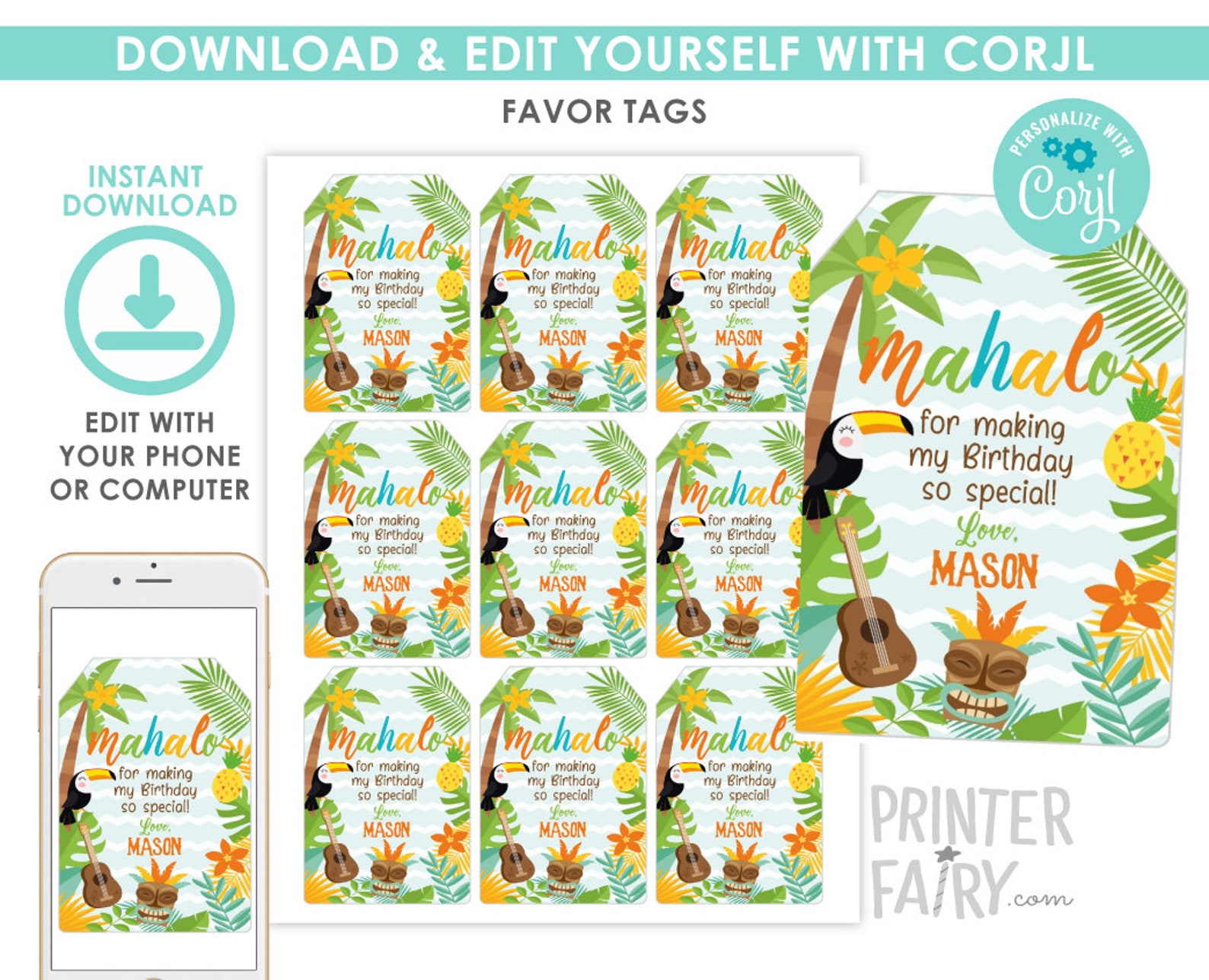 Luau Favor Tags, EDITABLE, Hawaiian Thank You Tags, Beach Birthday ...