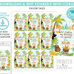 Luau Favor Tags, EDITABLE, Hawaiian Thank You Tags, Beach Birthday ...