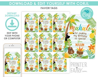 Luau Party Favor Tags Printable Editable INSTANT DOWNLOAD - Etsy
