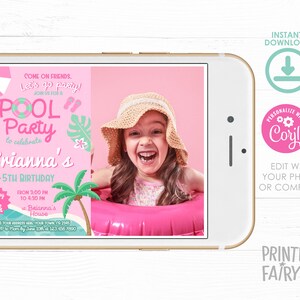 Pink Pool Party Invitation With Photo, Editable, Birthday Pool Party ...