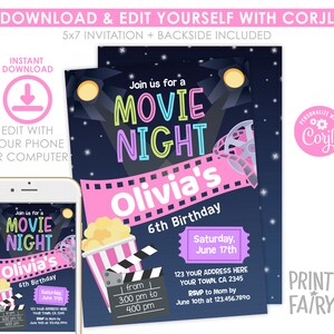 Movie Birthday Invitation, Editable Movie Night Birthday Party ...