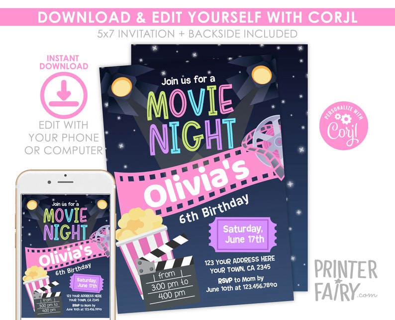 Movie Birthday Invitation Editable Movie Night Birthday Party - Etsy