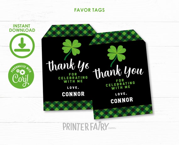 St Patricks Day Favor Tags, EDITABLE Shamrock Thank You Tags, Printable ...