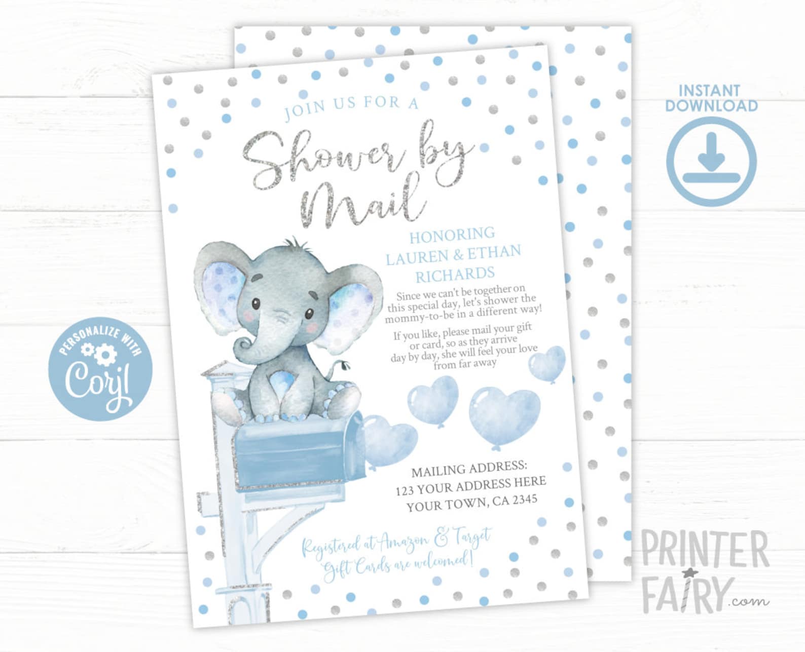 Baby Shower by Mail Invitation EDITABLE Elephant Baby Shower - Etsy