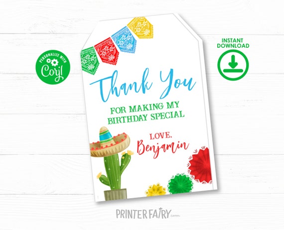 Fiesta Birthday Party Favor Tags, Editable Mexican Fiesta Thank You ...