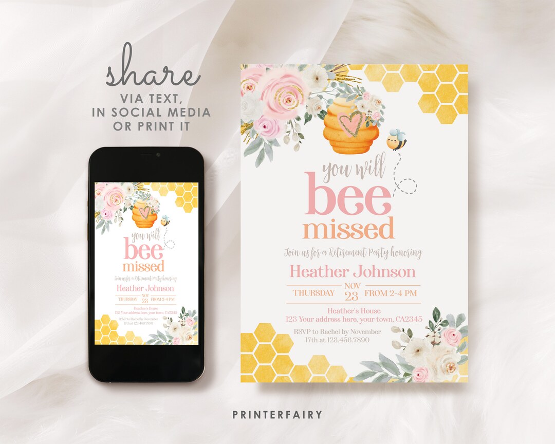 Editable Bee Retirement Party Invitation, "you Will Bee Missed" Theme ...