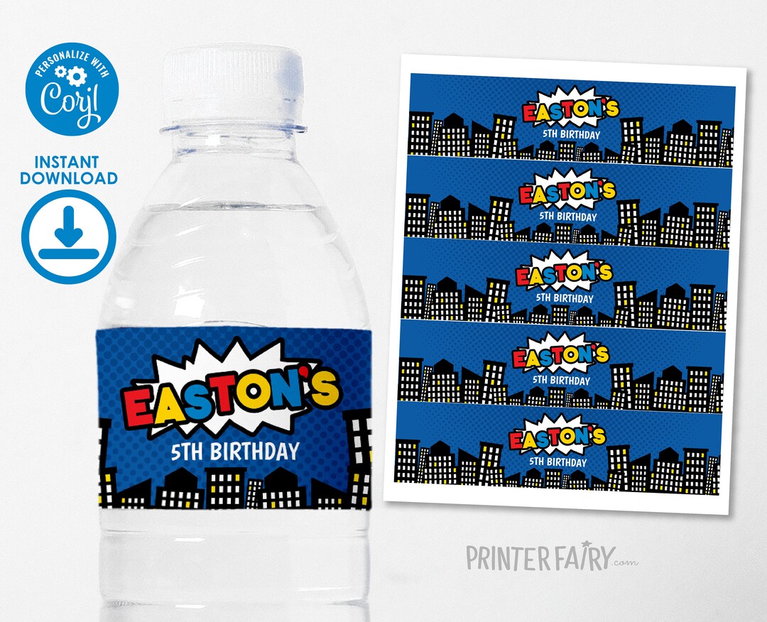 Superhero Water Bottle Label, Editable, Little Superhero Party Water ...