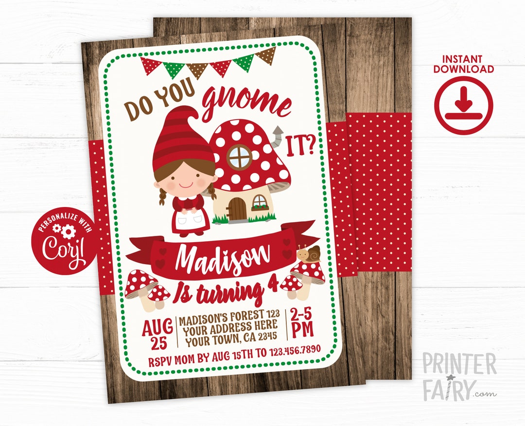 Gnome Birthday Invitation, Editable Character, Woodland Birthday Party ...