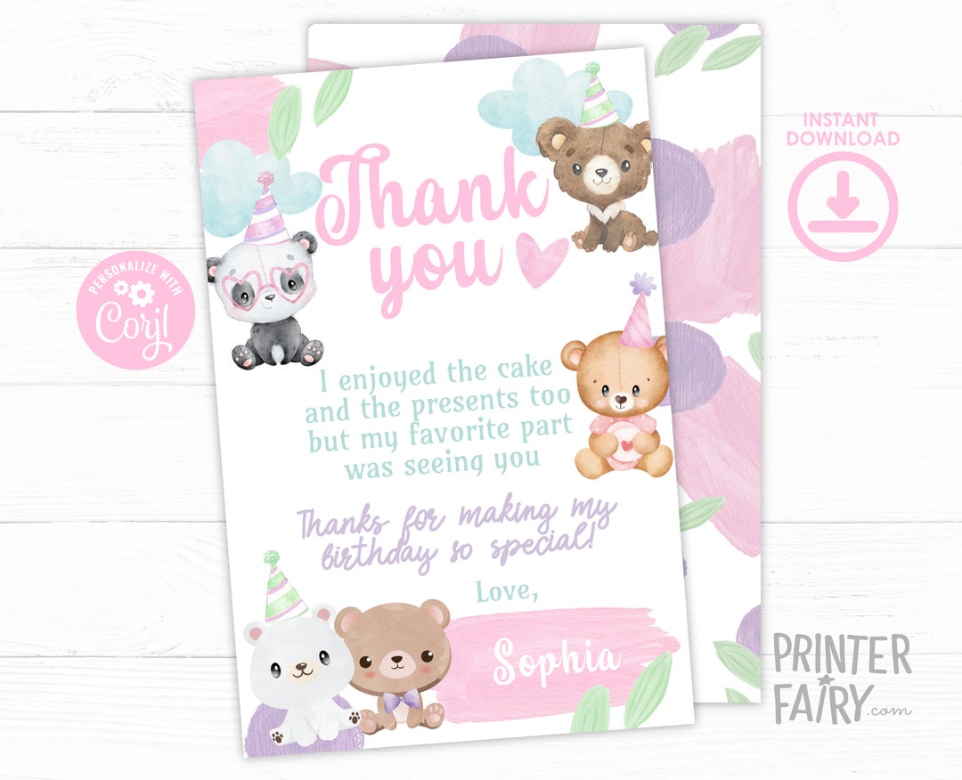 Bear Birthday Thank You Card Printable Bear-y Fun Birthday - Etsy