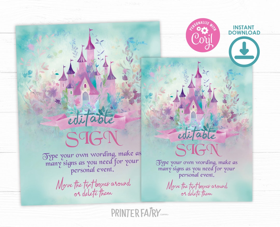 Princess Birthday Party Editable Sign, Princess Castle Party Sign ...