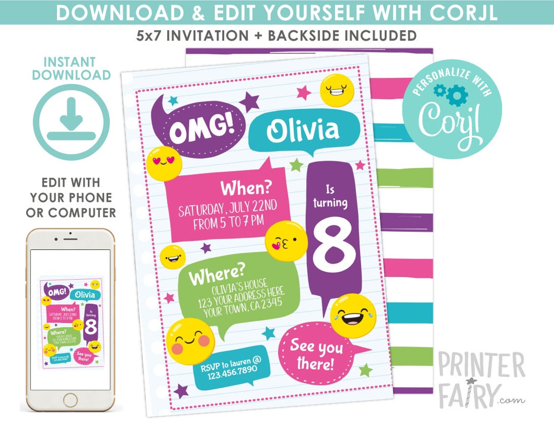 Emoji Invitation, EDITABLE Birthday Invitation, Emoji Birthday Party ...