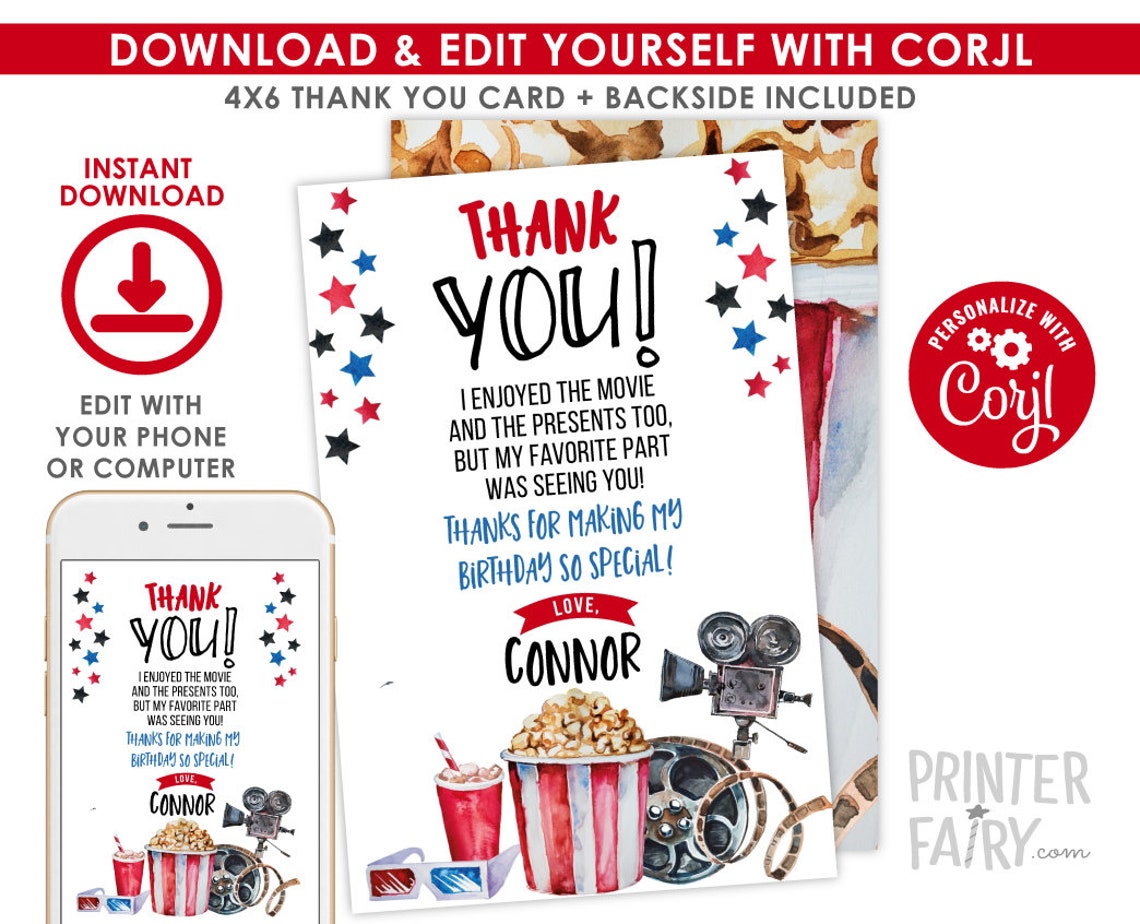 Movie Thank You Cards EDITABLE Cinema Birthday Party - Etsy