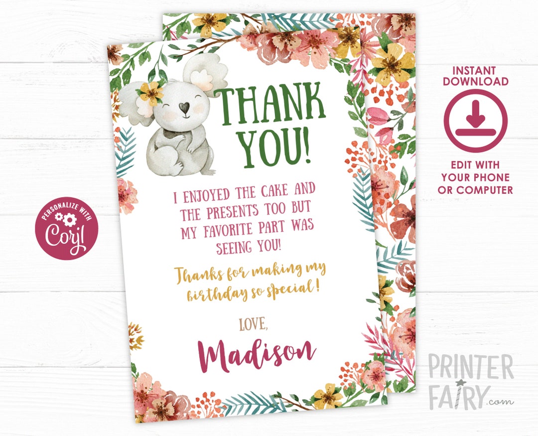 Koala Thank You Card, EDITABLE, Koala Birthday Party, Koala Thank You ...