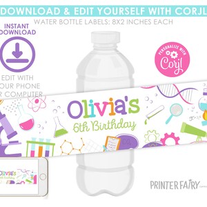 Editable Science Birthday Party Water Bottle Label (digital) - Etsy