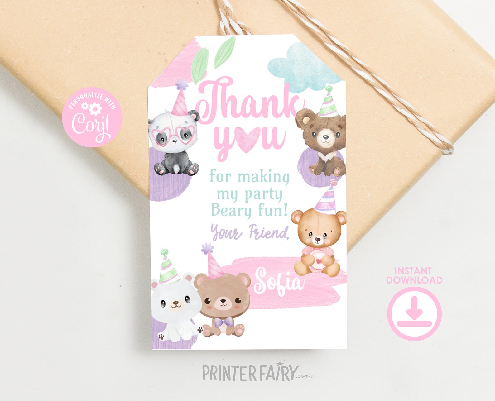 Bear Birthday Favor Tags, Editable, Bear-y Fun Birthday, Bears Party ...