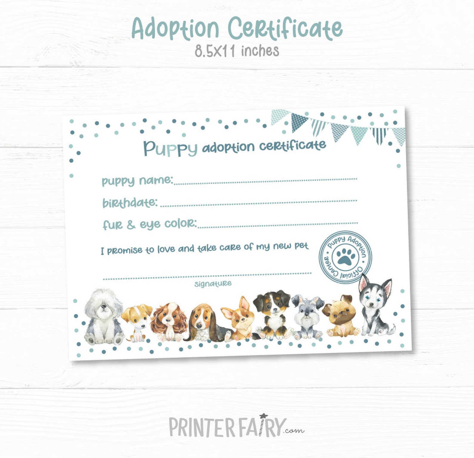 Puppy Adoption Certificate Puppy Party Games Adopt a Puppy - Etsy