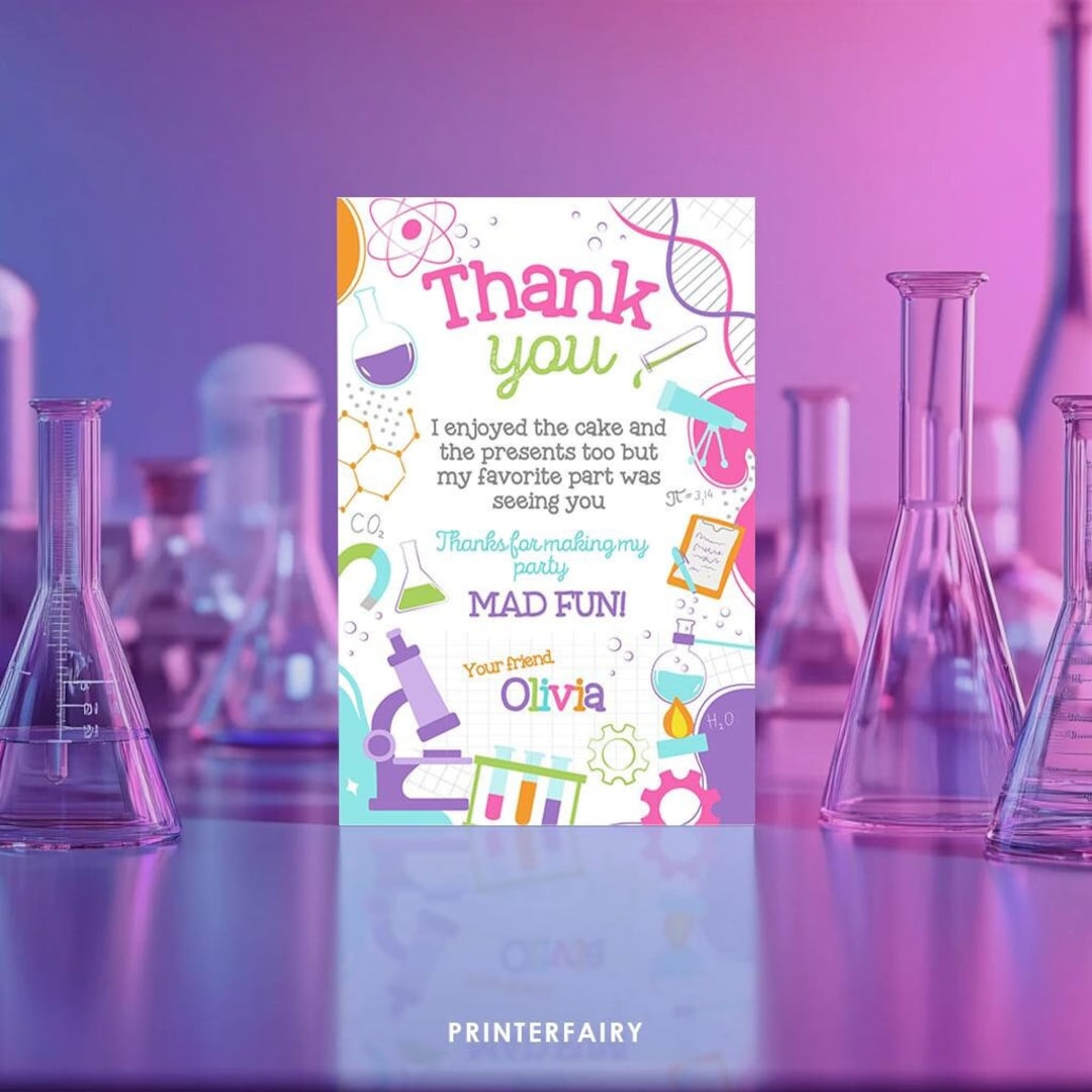 Editable Science Birthday Thank You Card (digital Download) - Etsy