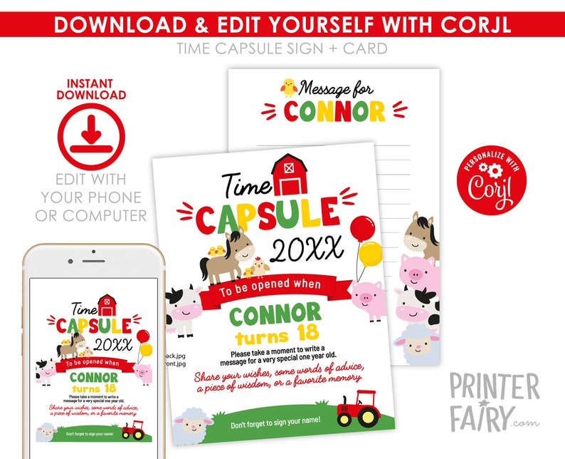 Farm First Birthday Party Time Capsule, Editable, Farm Animals Party ...