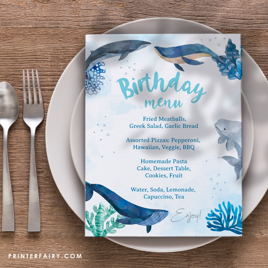 Under the Sea Birthday Party Menu, Whales Dinner Menu, Ocean Birthday ...