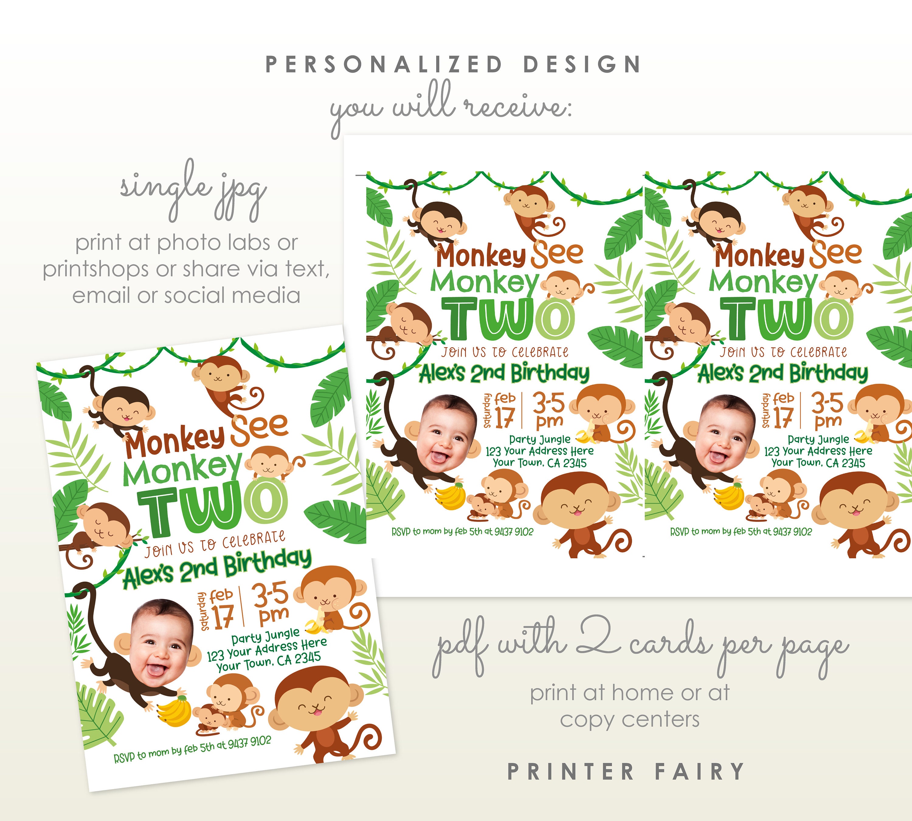 Monkey Photo Birthday Invitation, Jungle Party Invite (digital ...