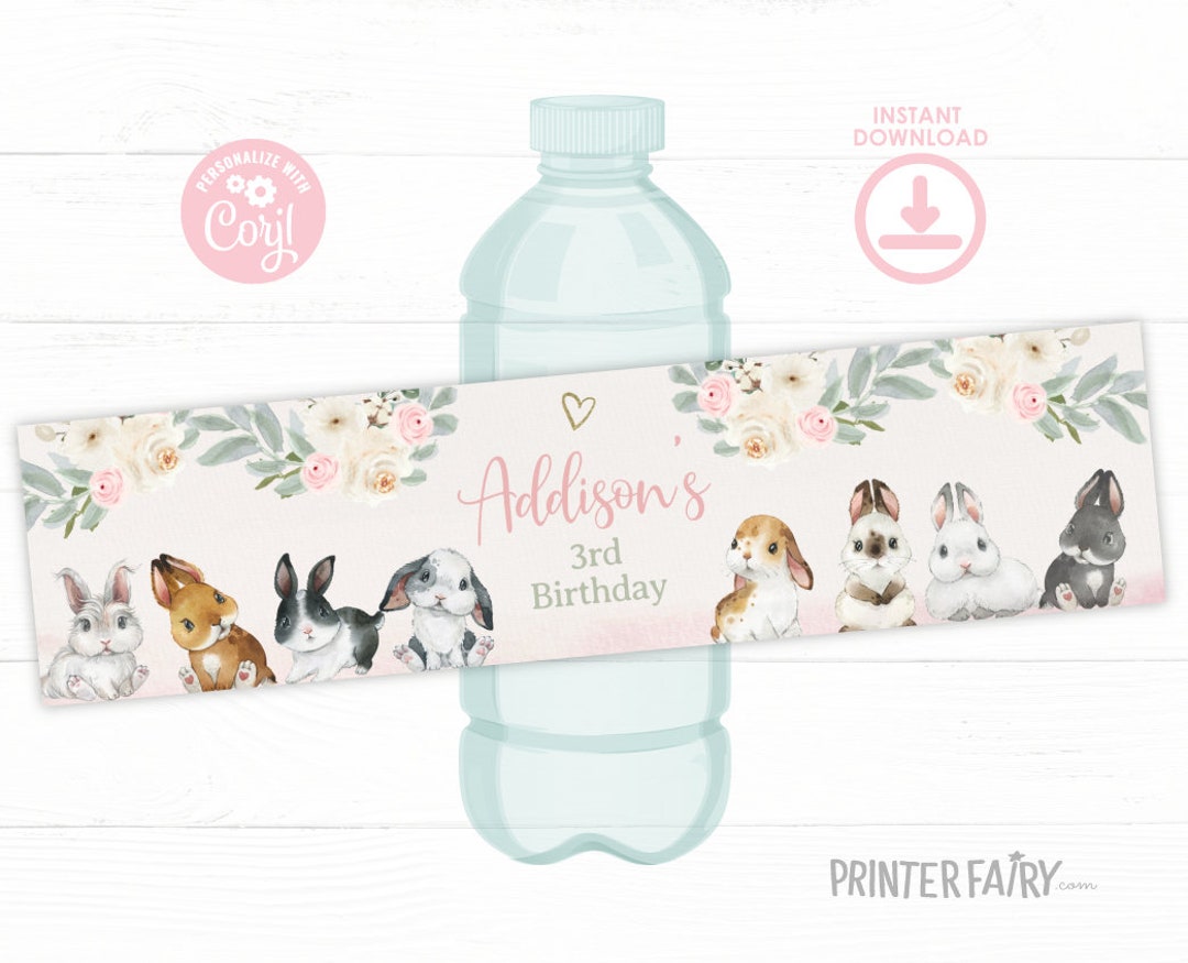 Bunny Water Bottle Label, Bunny Birthday Decorations, Spring Birthday ...