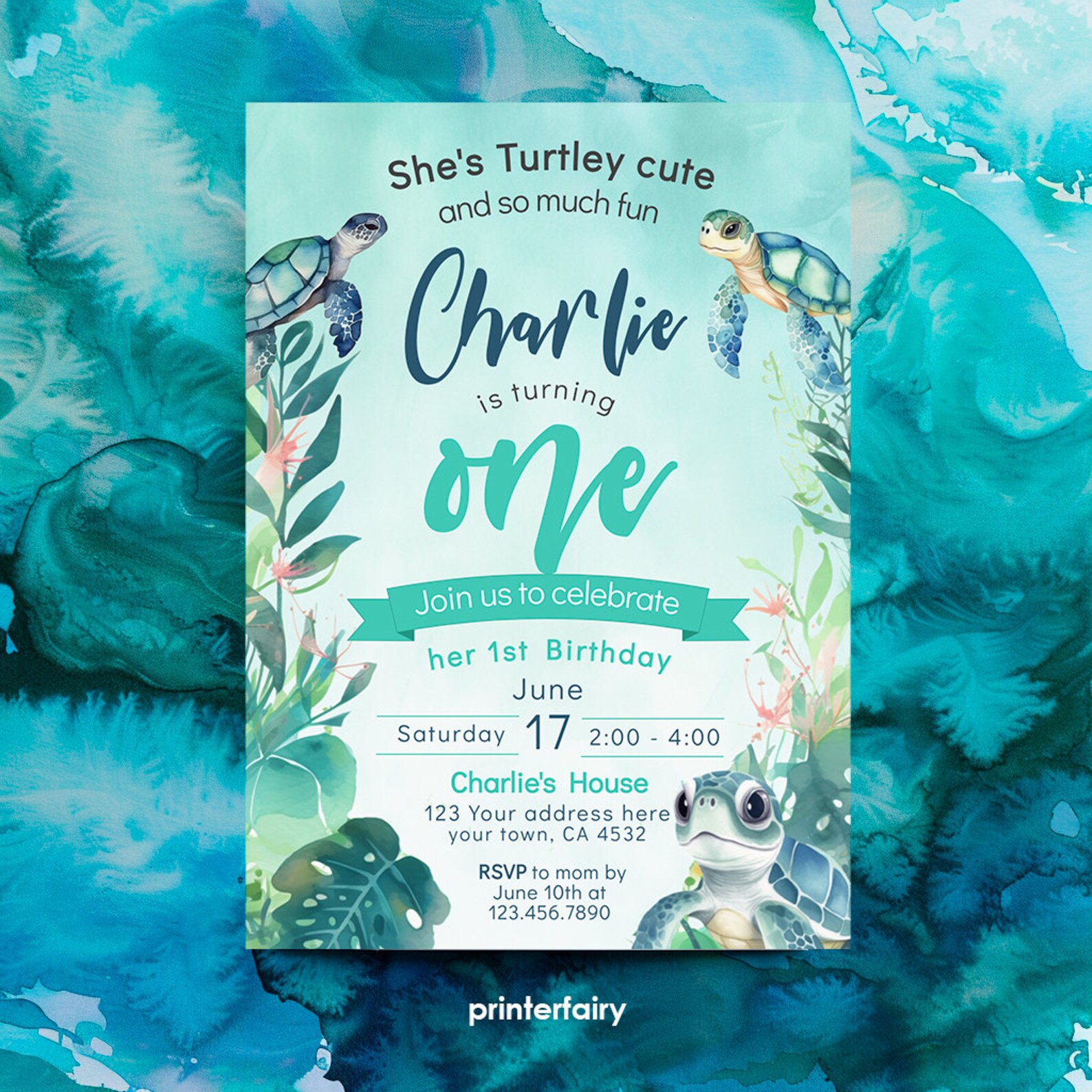 Sea Turtle Invitation Turtley Awesome Party Under the Sea 1st Birthday ...