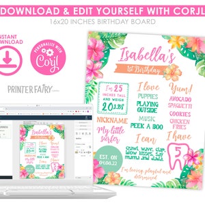 Luau First Birthday Board, Hawaiian Party 1st Birthday Stats, Tropical ...