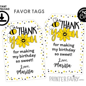 Bee Favor Tags, Editable, Honey Bee, Bee Birthday Party, Sunflower Bee ...