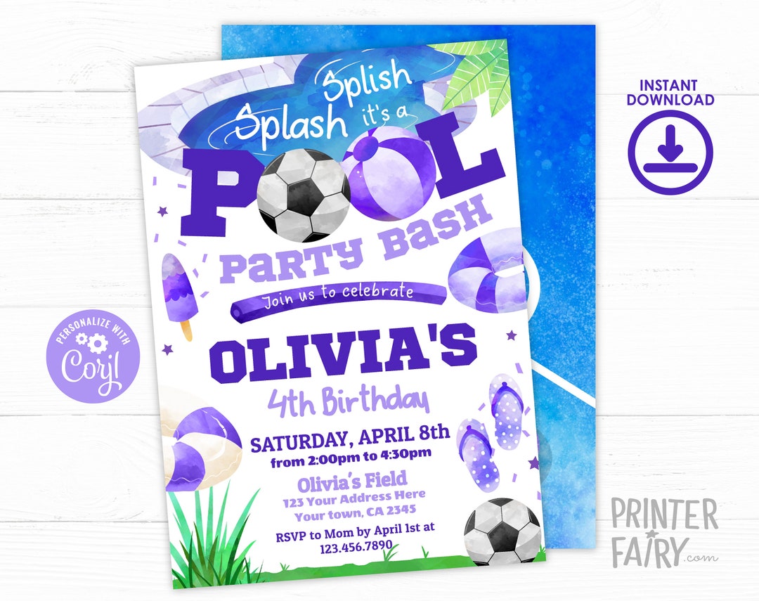 Soccer Pool Birthday Party Invitation, Editable, Sports Summer Pool ...