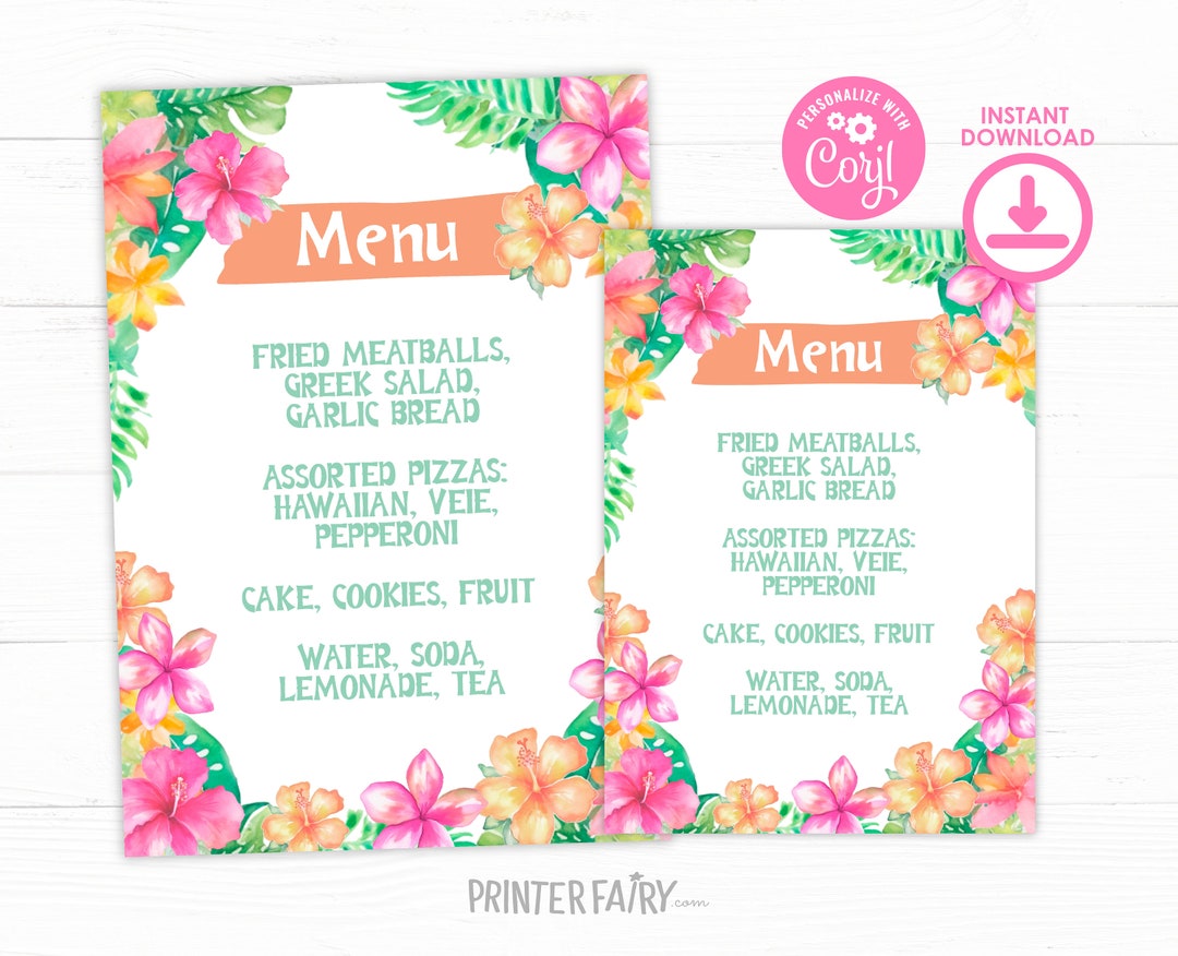 Luau Birthday Party Menu, Hawaiian Dinner Table Sign, Tropical Birthday ...