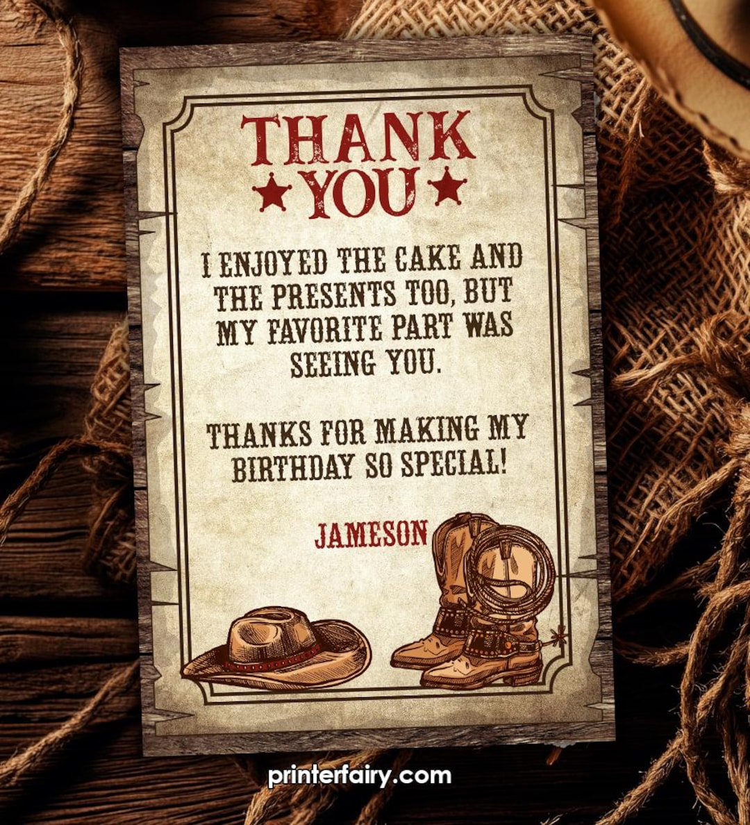 Western Thank You Cards, EDITABLE, Cowboy Birthday Party, Wild West ...