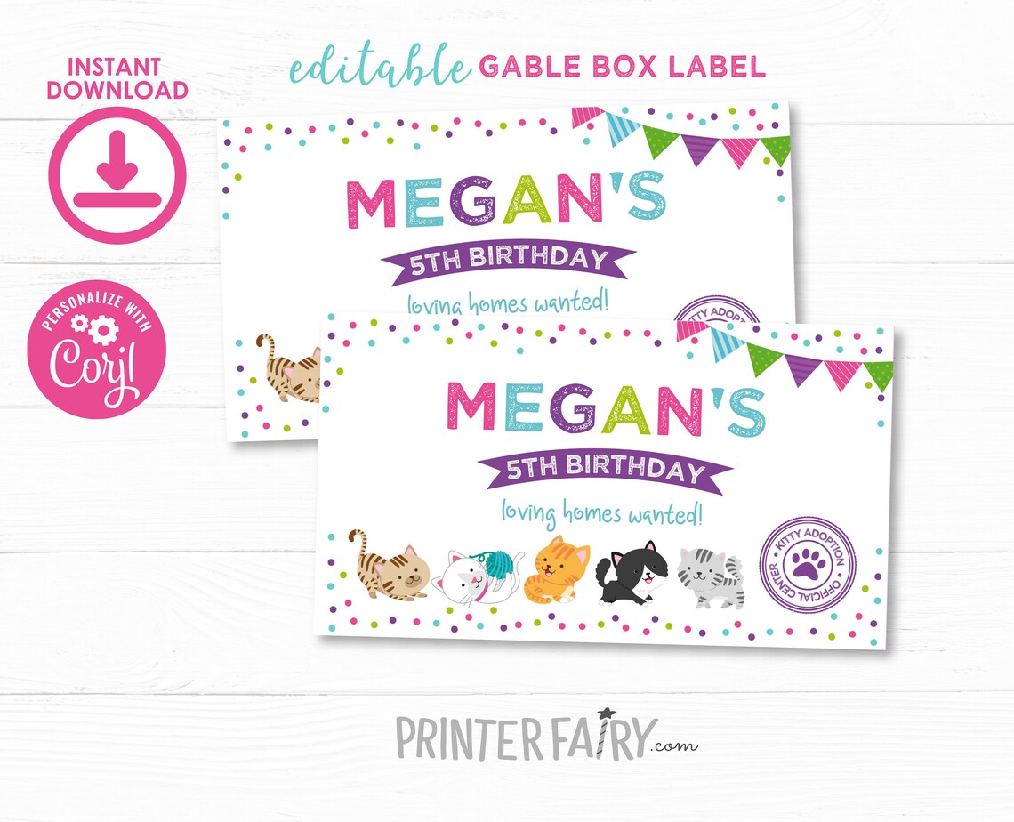 Kitty Cat Gable Box Labels Kitty Cat Favor Tag EDITABLE Pet - Etsy