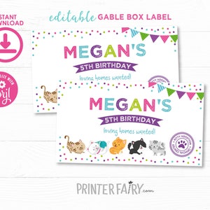 Kitty Cat Gable Box Labels, Kitty Cat Favor Tag, EDITABLE, Pet Adoption ...