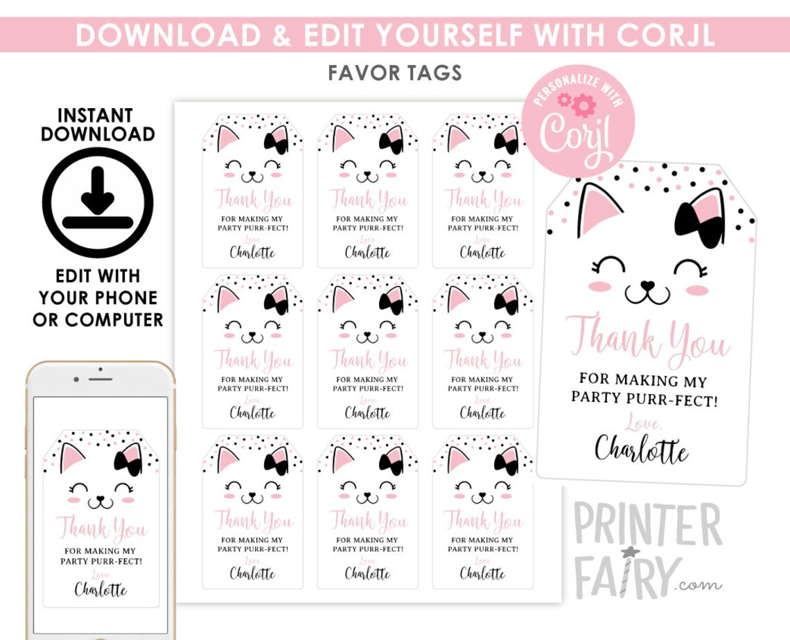 Kitty Cat Favor Tags EDITABLE Kitty Birthday Party Cat | Etsy