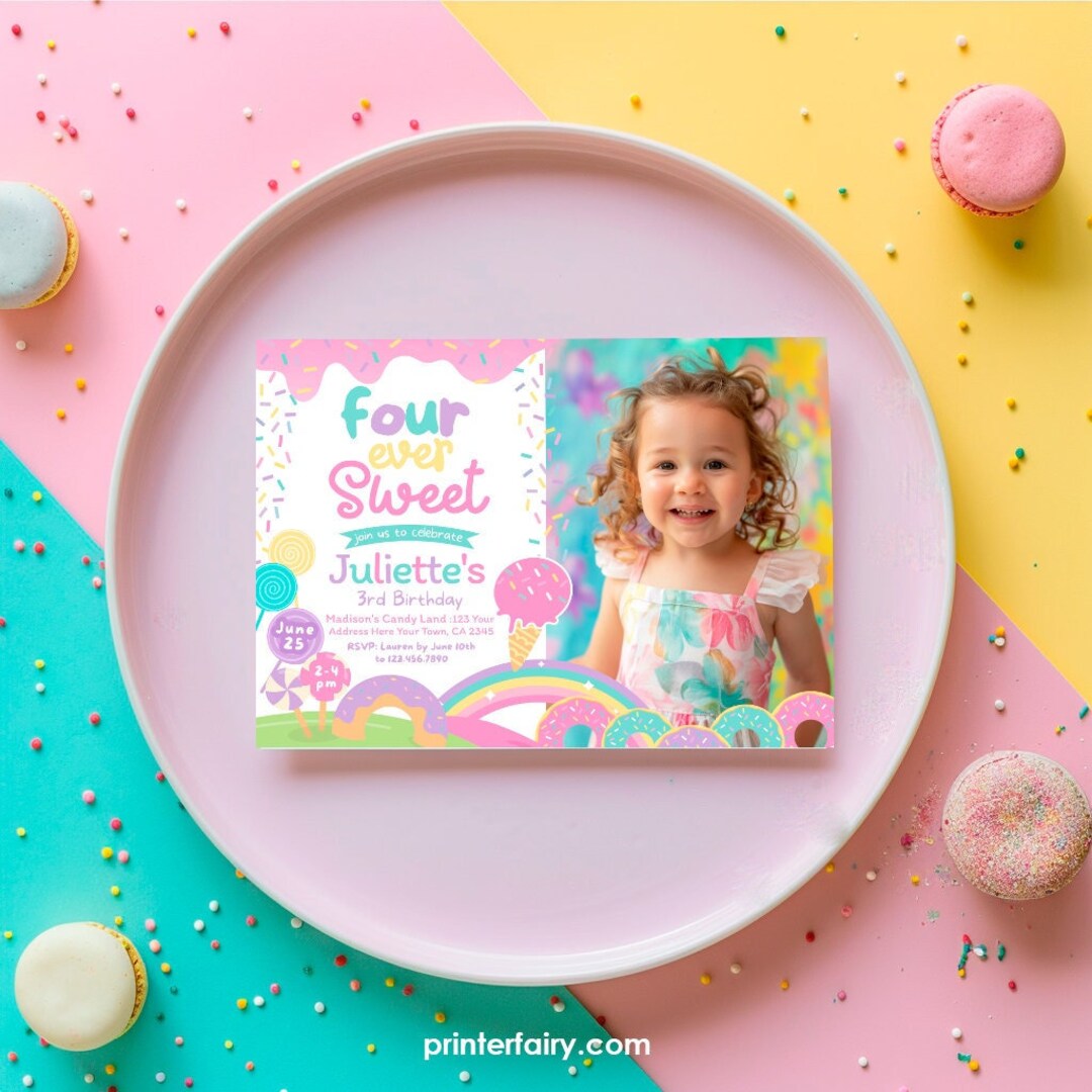 Faire-part 4e anniversaire Candyland, paillettes arc-en-ciel, photo ...
