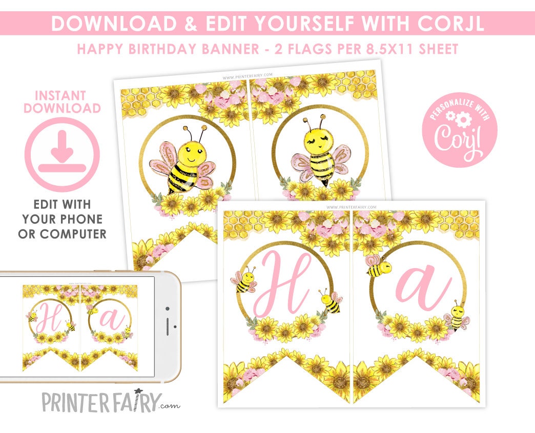 Bee Editable Printable Banner, Honey Bee Birthday, Bee Birthday Party ...
