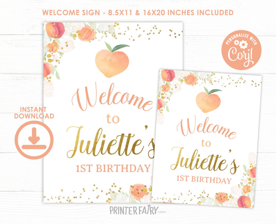 Peach Welcome Sign EDITABLE Sweet as a Peach Peach Birthday - Etsy