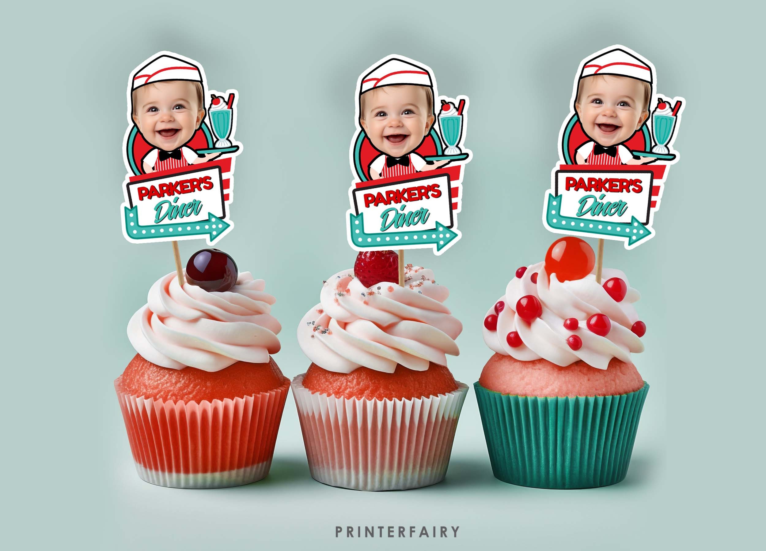 Diner Cupcake Toppers With Photo, Editable, Sock Hop Decorations ...