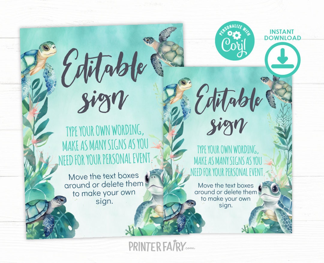 Sea Turtle Birthday Editable Sign, Under the Sea Editable Party Sign ...
