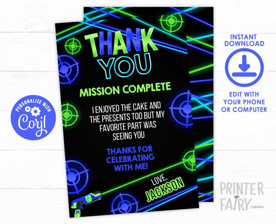 Laser Tag Thank You Cards, EDITABLE Laser Tag Thank You Notes, Neon ...