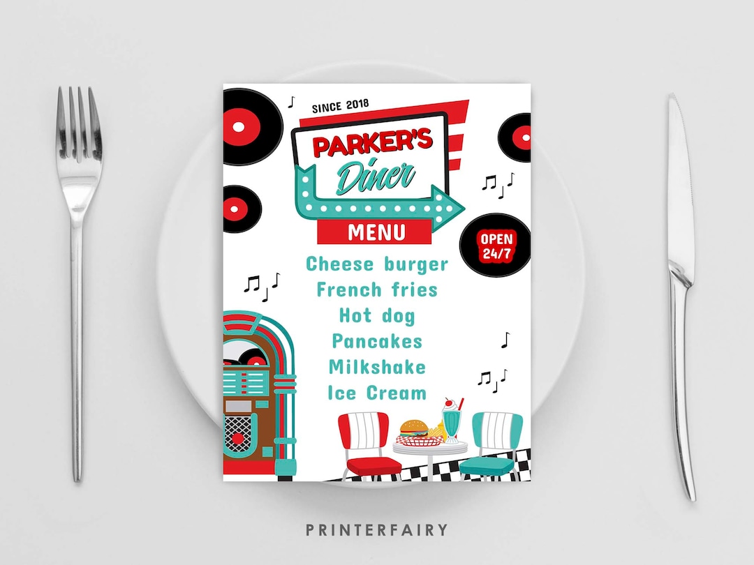 Diner Menu Template, Editable, Sock Hop Decorations, Midcentury Sign ...