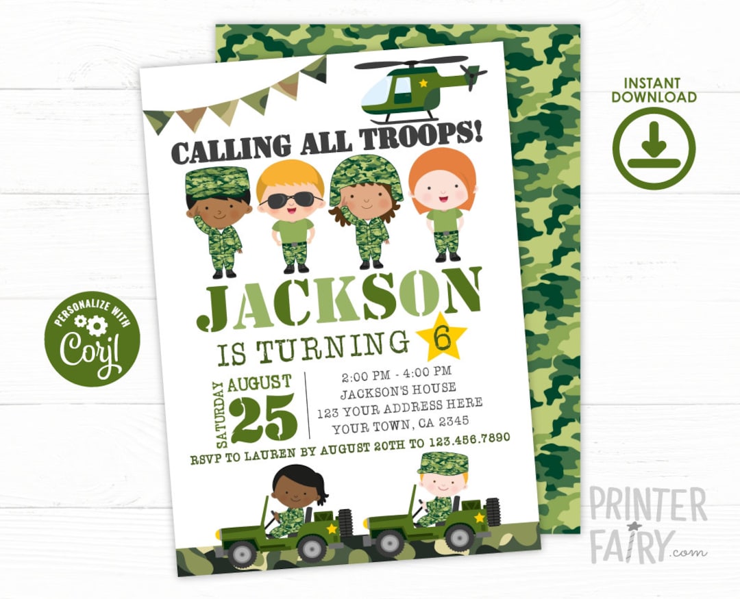 Army Birthday Invitation, EDITABLE, Army Invitations, Camo Invitations ...