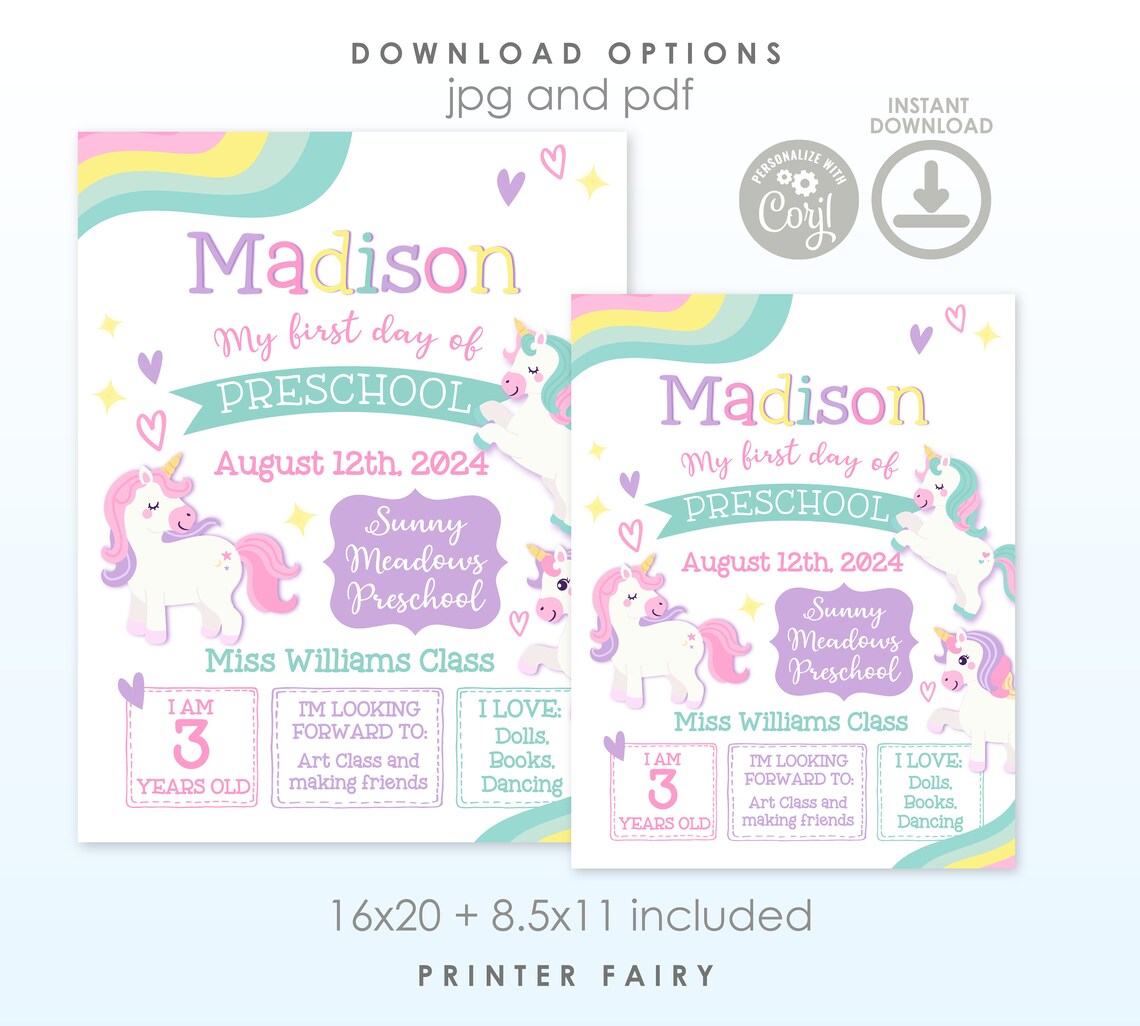 Back to School Unicorn Sign, First Day of School Editable Board, First ...