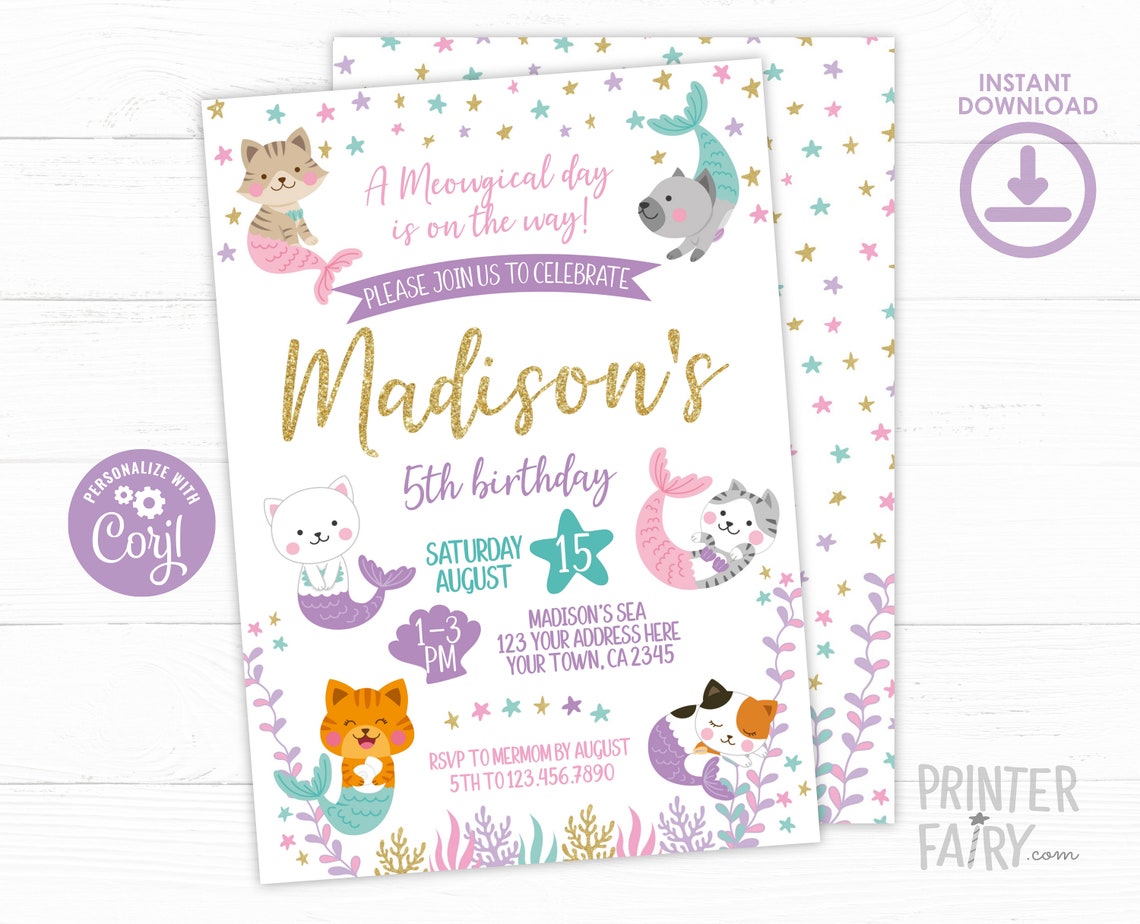 Mercat Birthday Invitation EDITABLE Meowmaid Birthday - Etsy