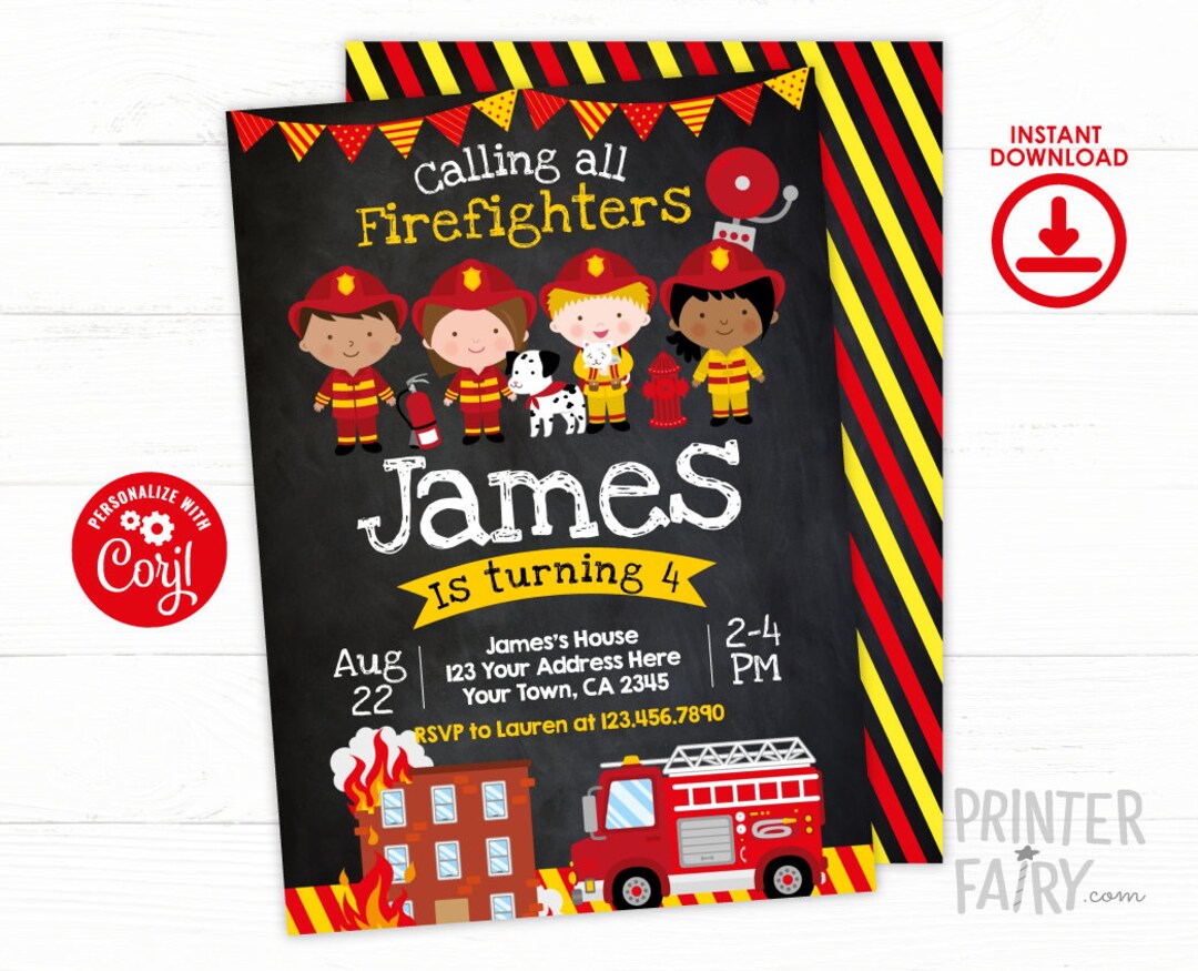 Firefighter Invitation, EDITABLE Fire Fighter Birthday Party, Fireman ...
