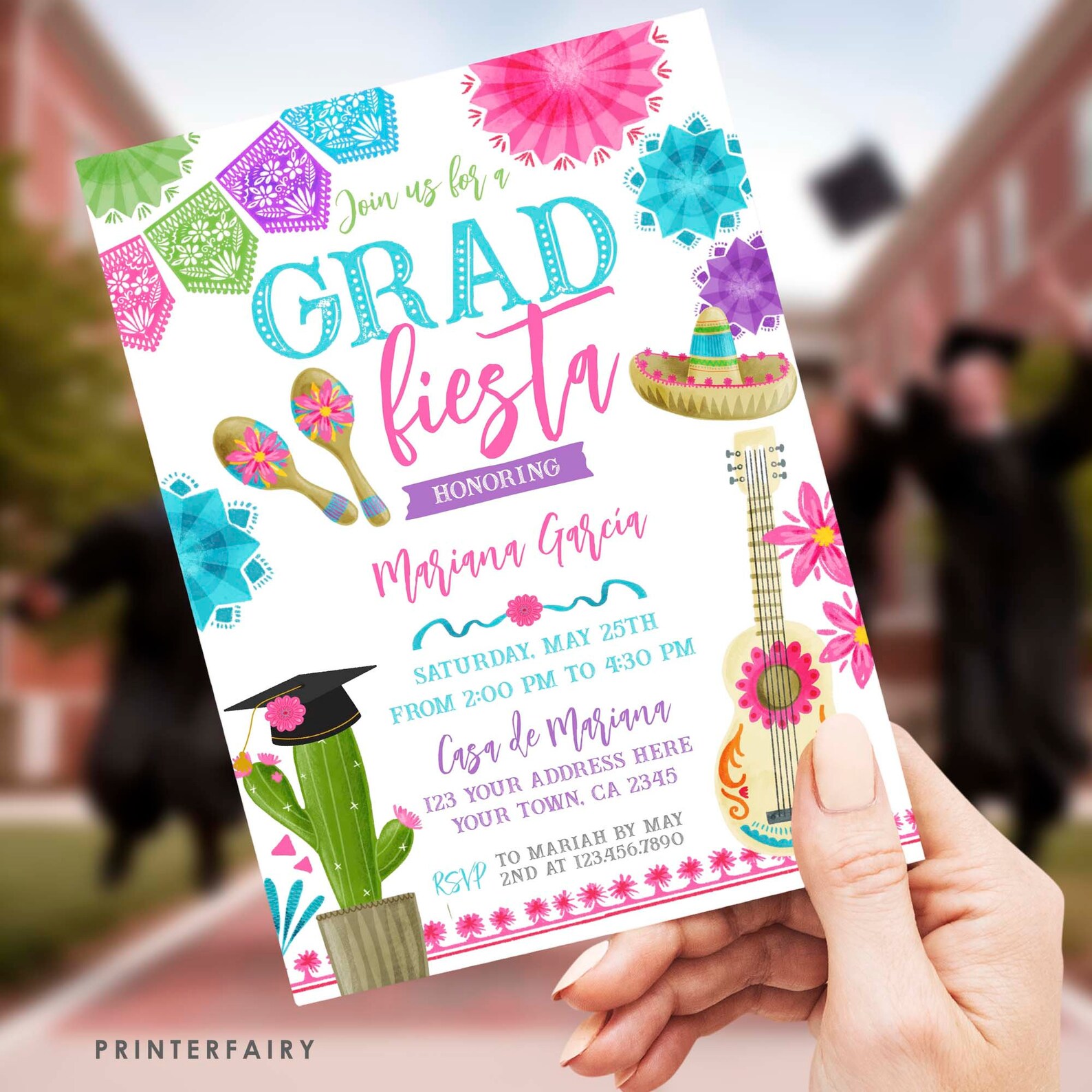 Graduation Fiesta Invitation, Editable Template, Mexican College ...