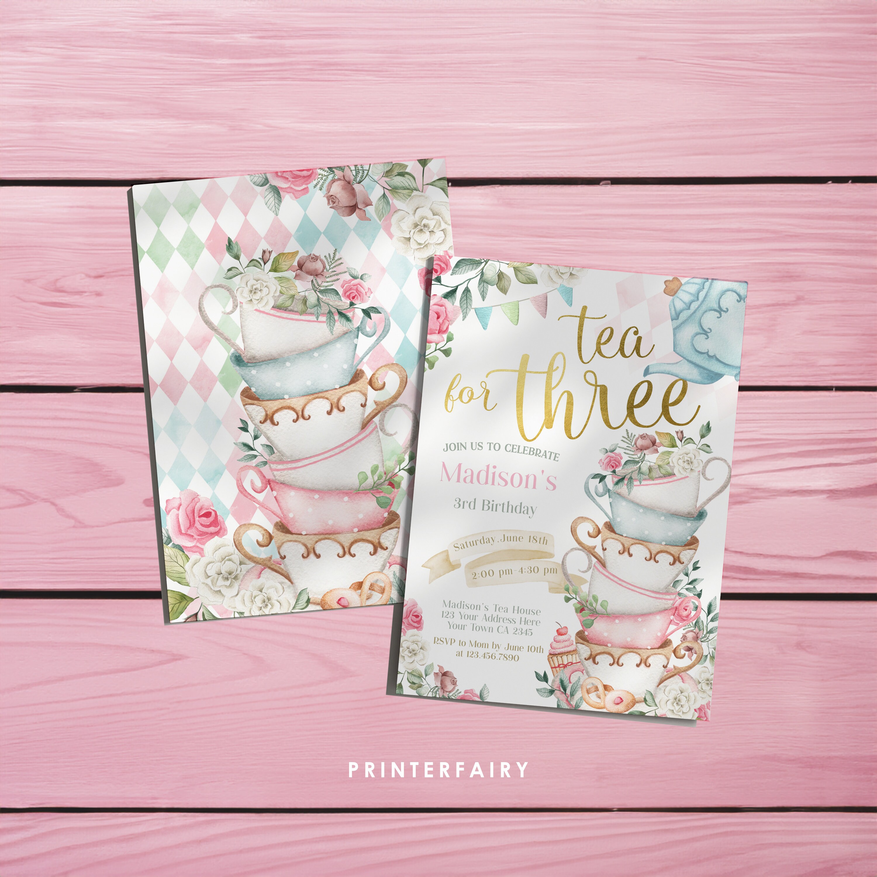 Editable "tea for Three" Tea Party Invite, Wonderland Third Birthday ...