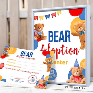 Bear Adoption Sign and Certificate, EDITABLE, Beary Fun Birthday, Bear ...