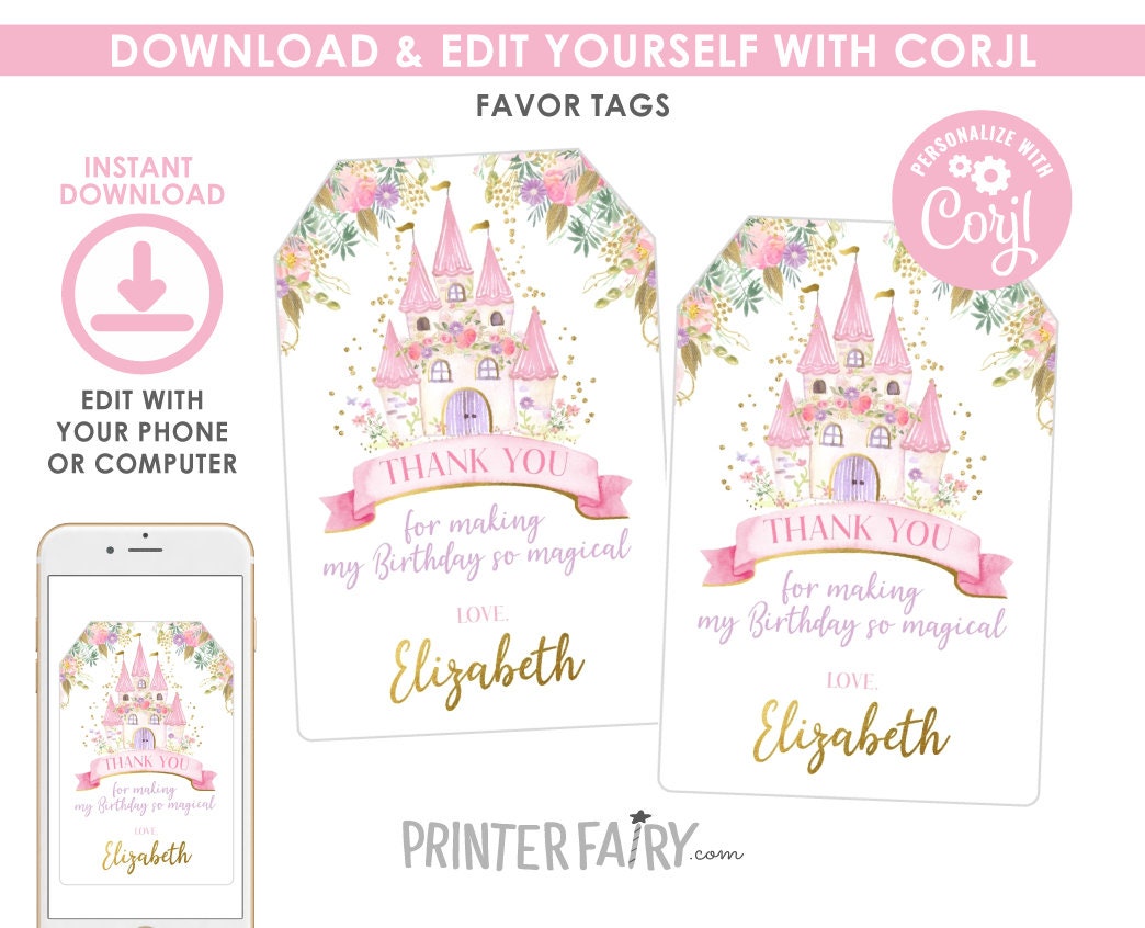 Princess Favor Tags Editable Princess Birthday Party Castle | Etsy