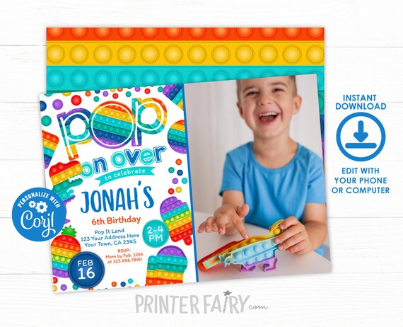 Pop it Birthday Invitation with Photo, EDITABLE, Popit Invitation, Boy ...